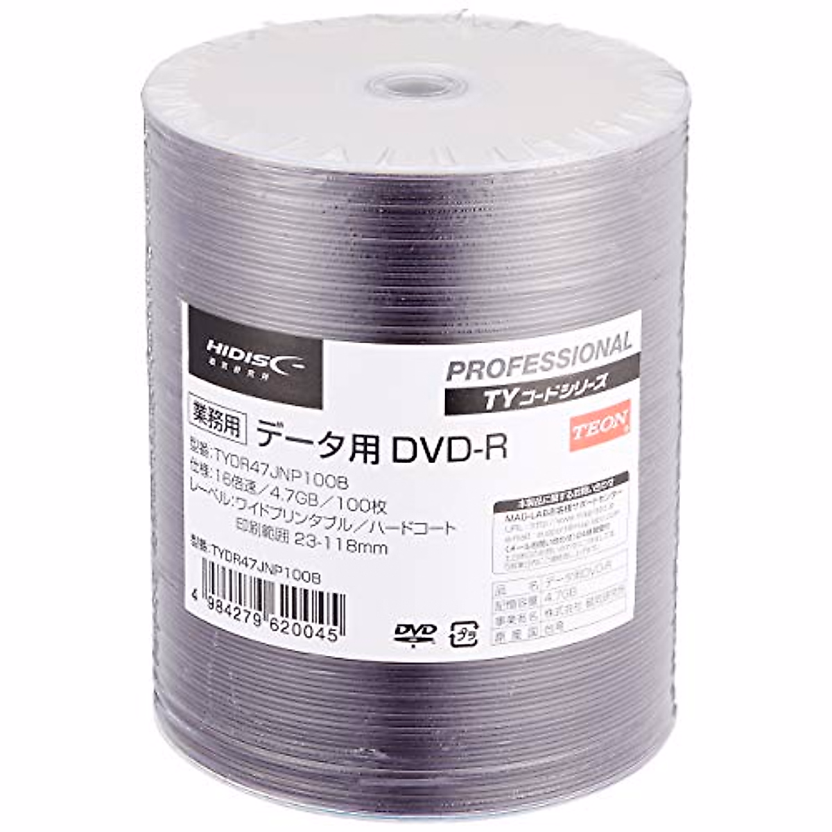 HI-DISC TYDR47JNP100B 16x Compatible DVD-R for Data, 100 Sheets, Wide Printable