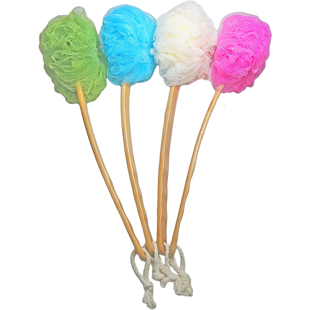 4 Pack Shower Loofah Body & Back Scrubber - Exfoliating Loofah luffa loofa Bath Brush On a Stick - with Long Wooden Handle Back Brush for Men & Women - Easy Reach Body Wash & Lotion Applicator