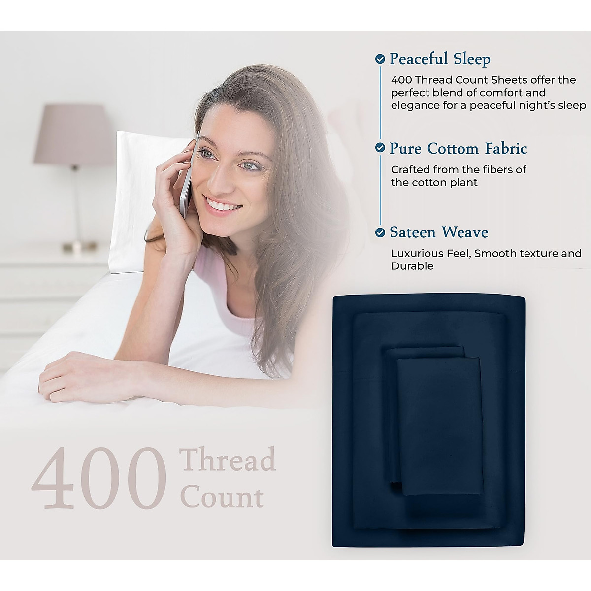 ROYALE LINENS 400 Thread Count 100% American Grown Cotton 4 Piece Sateen Queen Sheet Set - 1 Fitted Sheet, 1 Flat Sheet, 2 Pillow case - Navy Queen Bedsheet - Cotton Sheets - (Queen, Rivera Navy)