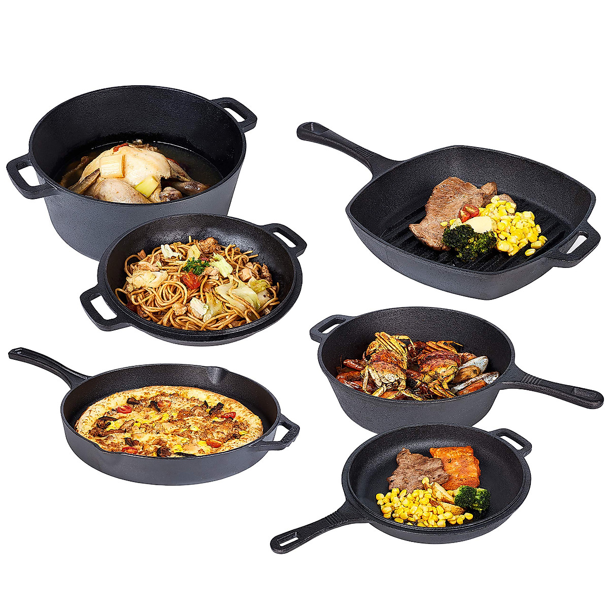 Bruntmor Pre Seasoned 6 pcs Pots And Pans Set - Double Dutch Oven Crockpot - Cooking Set - Cast Iron Skillets and Square Grill Pan with Lid - Outdoor Camping Cookware - Kitchen Accessories