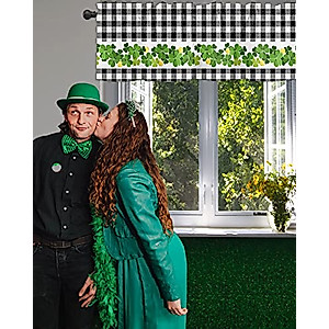 Curtain Valance for Windows St. Patrick's Day Clover Gold Kitchen Valances Rod Pocket Short Curtains,White Black Checker Plaid Window Treatment Panel for Living Room Bathroom Bedroom 60x18in