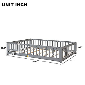 LLS Full Floor Bed for Children, Durable Montessori Floor Bed with Wood Slats, Safety Fence & Small Door, Wood Floor Bed Frame for Girls Boys and Children, Gray (with Bed Slats)