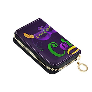 Mardi Gras Carnival Calligraphy Face Mask Purple Green on BlackGrey Credit Card Coin wallet, RFID Blocking Compact Women Leather Card Holder, Key Change Organizer, Zipper Purse Clutch Pouch