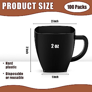 Amyhill 100 Pcs 2 oz Disposable Tea Cups Mini Plastic Tea Cup Bulk with Handle Hard Plastic Coffee Mug Disposable Square Espresso Mug for Tea Party Catering (Black)