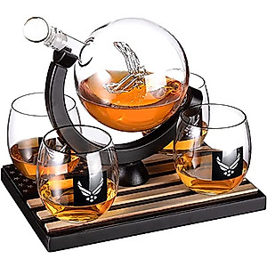 Father's Day Whiskey Decanter Set with 4 Liquor Glasses Air Force Whisky Decanter & Glass Set with Wood Base & 9 Whiskey Stones - US Airforce Gifts for Men - Globe Bourbon & Scotch Gifts for Dad