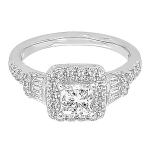 1.33 CTW Halo Engagement Rings for Women White Gold Princess Cut and Baguette Cut Moissanite Engagement Ring Platinum Plated Silver 10K 14K 18K Gold Wedding Anniversary Promise Rings with Text Engraving(14K Gold)