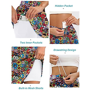 LouKeith Womens Knee Length Tennis Skorts Skirts Athletic Golf Skirts Casual High Waisted Drawstring Skirts with Pockets Colorful Flowers XL