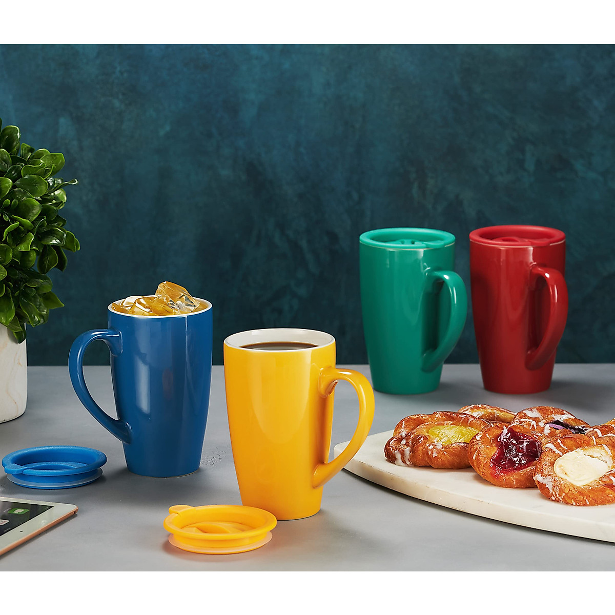 Godinger Coffee Mug Set with Lids, Travel Coffee Mugs, Hot Beverage Cups with Lids, For Coffee and Tea On The Go, Large Insulated Mugs Set - 16oz, Set of 4