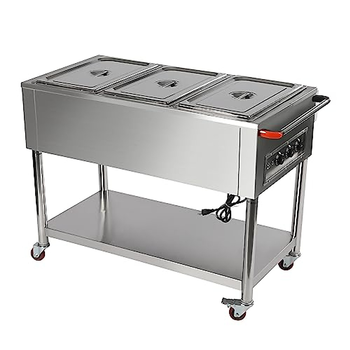 KOLHGNSE Commercial Electric Food Warmer, 3-Pot Steam Table Food Warmer 0-100℃ with Movable Wheels, Professional Stainless Steel Material for Catering and Restaurants
