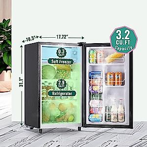 WANAI Compact Refrigerator 3.2 CU.FT Mini Fridge with Freezer Single Door Adjustable Temperature Side Door Wire Rack suit for Dorm Office Apartment BLACK