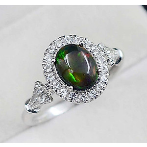 Gemstone 925 Solid Silver 9X7 MM Natural Black Opal Oval October Birthstone Solitaire Unisex Ring For Wedding Gift (Rhodium Plated Silver, 6)