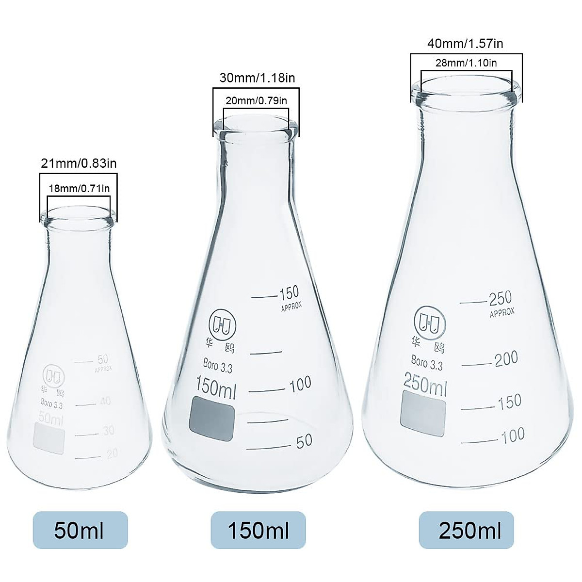 ADAMAS-BETA 3pcs Erlenmeyer Flask Lab Chemistry Glass Flasks Science Beakers Set 50ml,150ml,250ml Flat Bottom Glassware