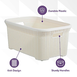 Plastic Laundry Basket Small Storage Hamper Basket, 3 Pack Cream Cloths Basket Organizer with Cut-Out Handles. Space Saving for Laundry Room Bedroom Bathroom, Knit Design 40 Liter.