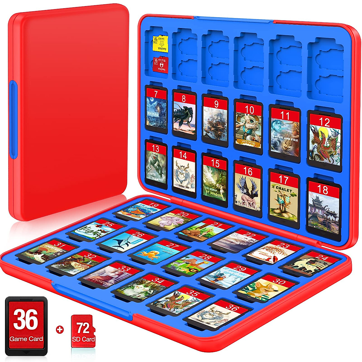 CYKOARMOR Switch Game Case for Nintendo Switch/OLED/Lite, Switch Game Holder with 36 Games Storage and 72 Memory Cartridge Slots, Portable Switch Game Card Case with Magnetic Closure, Red Blue
