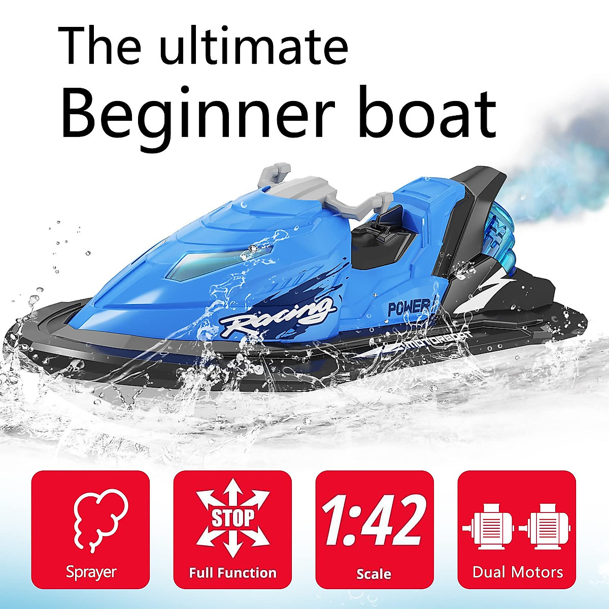 IOKUKI RC Boats for Kids & Adults with Spraying Function, 2.4G Remote Control Boat for Pools & Lakes with Rechargeable Toy Boat Battery/Dual Motors/Low Power Prompt/Waterproof - Blue