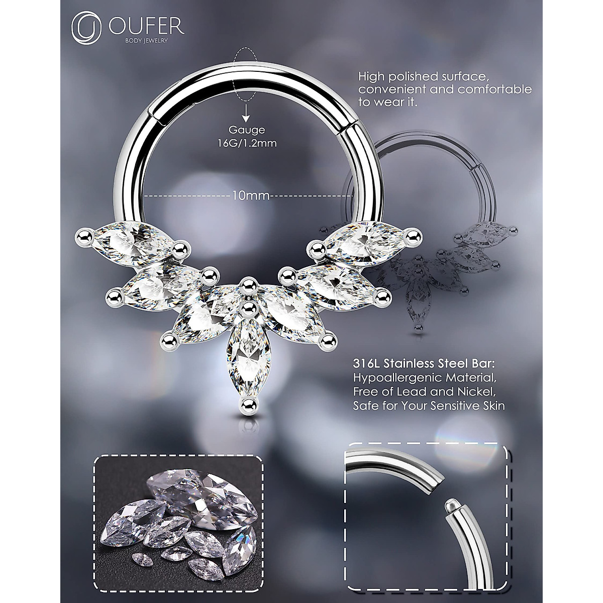 OUFER 16G Septum Rings Hoops, 316L Stainless Steel Septum Piercing Jewelry, Paved Shiny Clear CZ Cartilage Earrings, Helix Conch Daith Piercing Jewelry For Women And Men-8MM