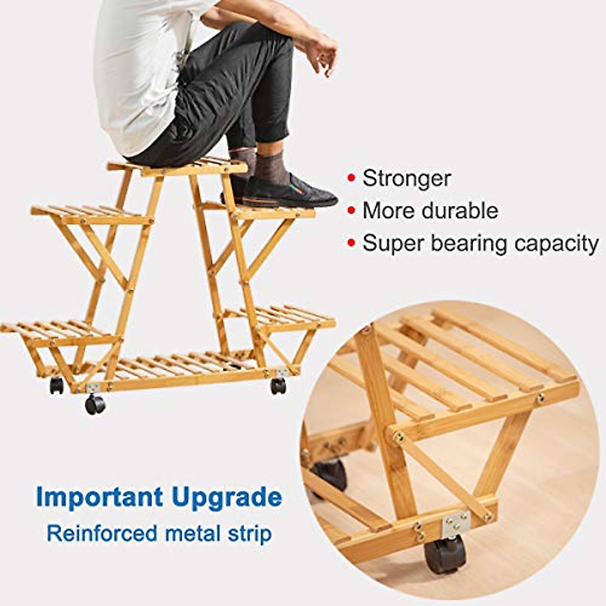 Bamboo Rolling 6 Tier Plant Stand Rack Multiple Flower Pot Holder Shelf Indoor Outdoor Planter Display shelving unit for Patio Garden Corner Balcony Living Room