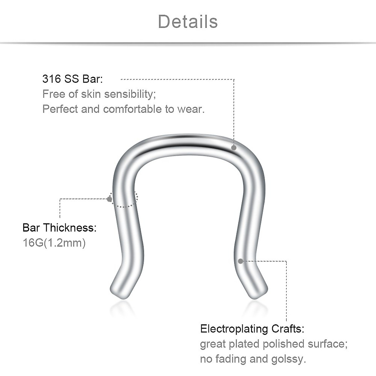 SCERRING 316L Surgical Steel U-Shaped Nose Ring Septum Piercing Hanger Retainer 16g 10PCS - Style 1#