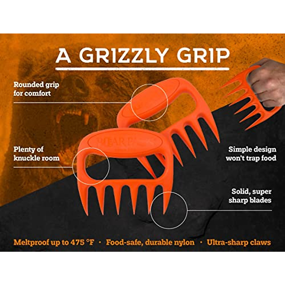 Bear Paws Meat Claws, 2 Pairs (Orange) - The Original Meat Shredder Claws, USA Made - Easily Lift, Shred and Serve Meats - Ultra-Sharp, Ideal Meat Claws for Shredding Pulled Pork, Chicken and Beef…