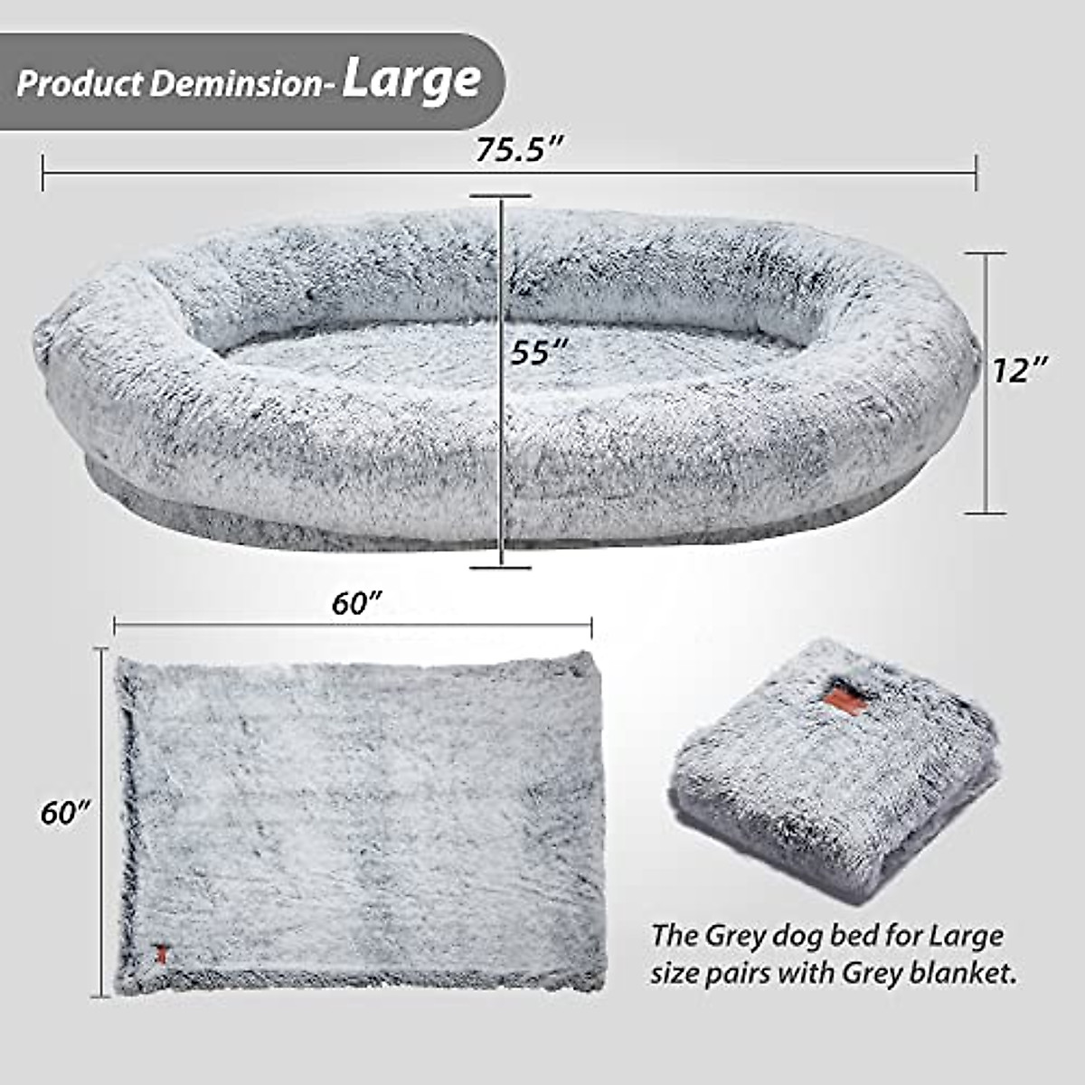 Homguava Large Human Dog Bed 75.5"x55"x12" Human-Sized Big Dog Bed for Adults&Pets Giant Beanbag Bed with Washable Fur Cover,Blanket and Strap, Grey Plush
