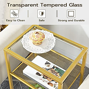HOOBRO Tall End Table, Tempered Glass Telephone Table with Mesh Shelf, 3-Tier High and Narrow Side Table for Small Space, Sofa, Living Room, Bedroom, Easy Assembly, Modern Style, Gold GD04DH01