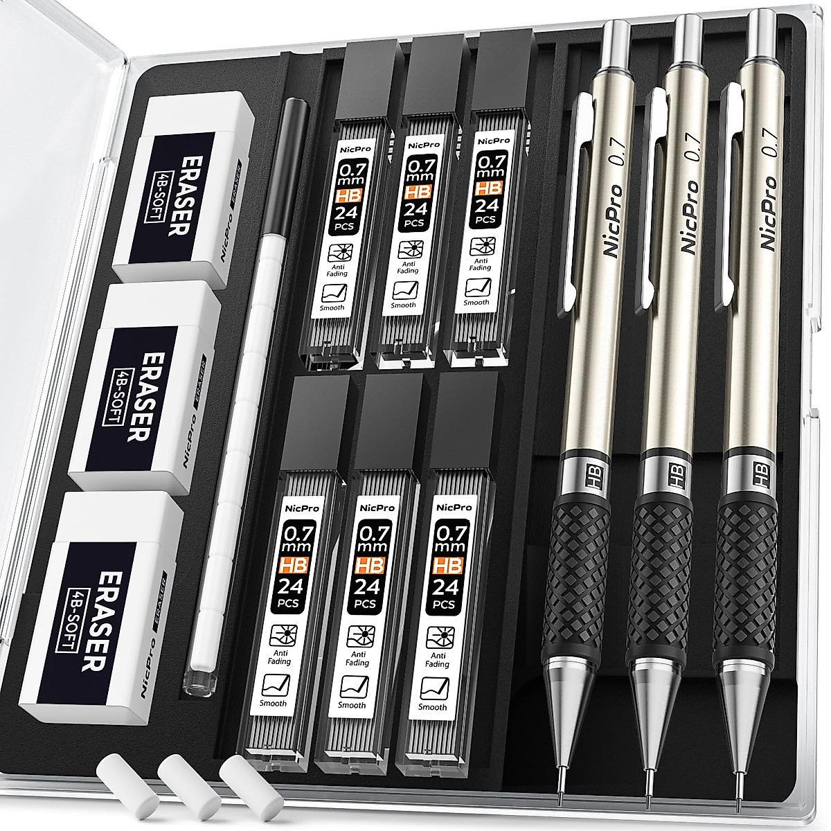 Nicpro 0.7 mm Art Mechanical Pencils Set in Storage Case, 3 PCS Metal Drafting Pencil Lead Pencil with 6 Tube HB Lead Refills, 3 Erasers, 9 PCS Eraser Refills for Artist Writing, Drawing, Sketching