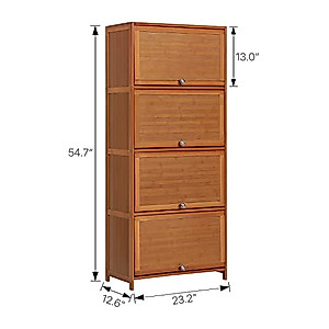 MoNiBloom Tall Book Storage Cabinet with Doors, 4 Tier Bamboo Free Standing Book Shelf Organizer Stand for Children's Student, Hallway, Home Office, Brown