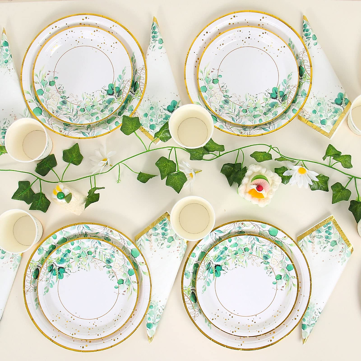 Sage Green Paper Plates and Napkins, Green Party Plates Supplies, Disposable Tableware Paper Plates, Cups, Napkins for Boy Baby Shower, Jungle Safari Boho Party Supplies,Bridal Shower,Serves 24