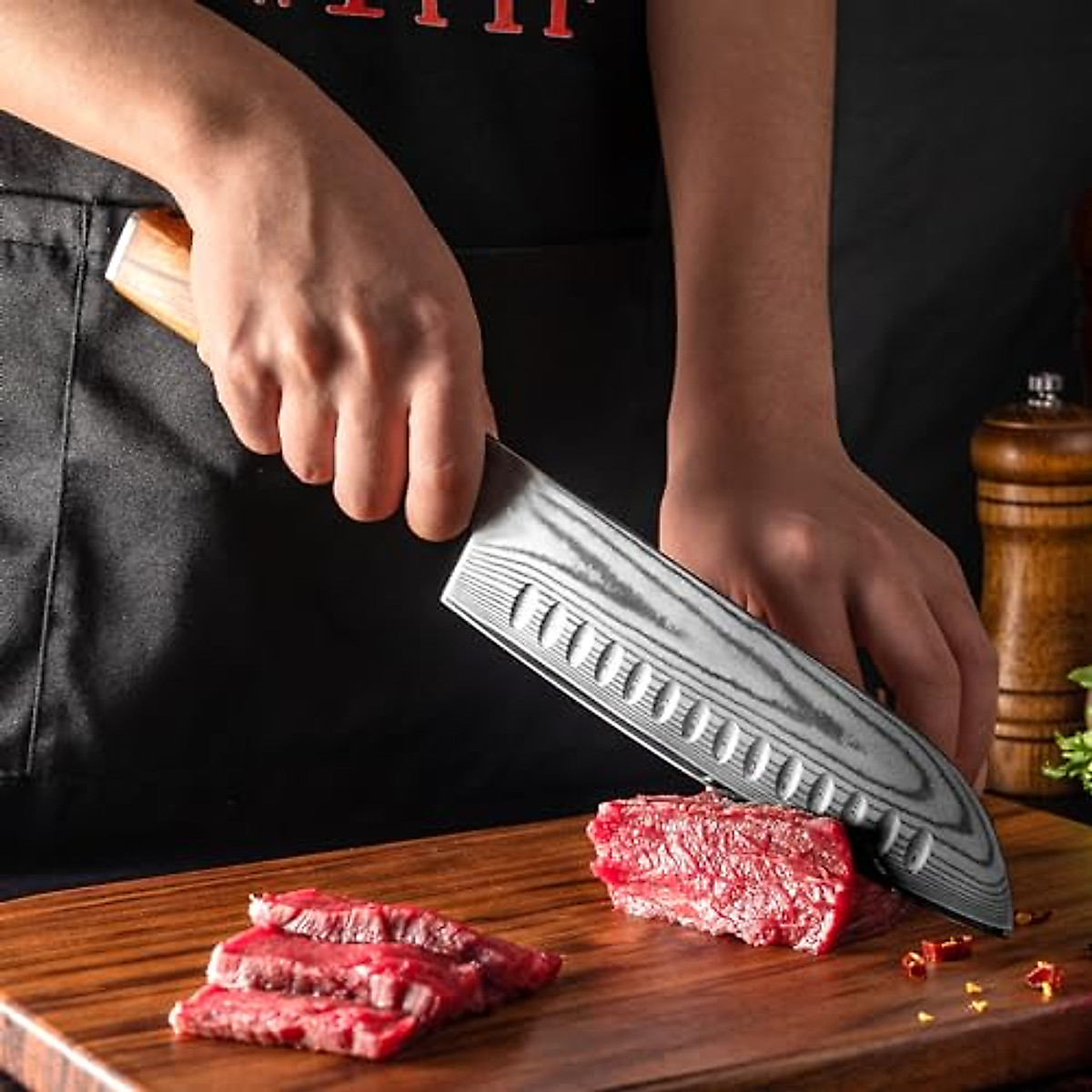 FUJUNI Damascus Santoku Knife 7 inch Damascus VG10 Steel 67-Layer -Olive Wood Handle - Razor Sharp Kitchen Knife with Exquisite Box