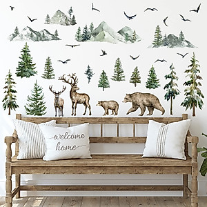 Mountain Wall Decals Large Pine Tree Wall Decals Peel and Stick Forest Tree Deer Birds Animal Wall Decals Mountain Tree Wall Stickers for Kids Room Nursery Decor