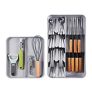 SOMIER 3-in-1 Kitchen Drawer Organizer Flatware Cutlery and Utensil Trays, 2-Tier Knife Holder - 4 Stacked Compartments Silverware Tray - A Removable Divider for Kitchen Gadgets Storage, Gray