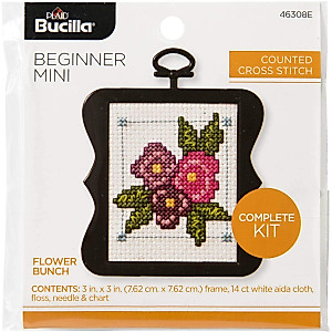 Bucilla Beginner Mini My First Cross Stitch Kit, 3", Flowers, 3"