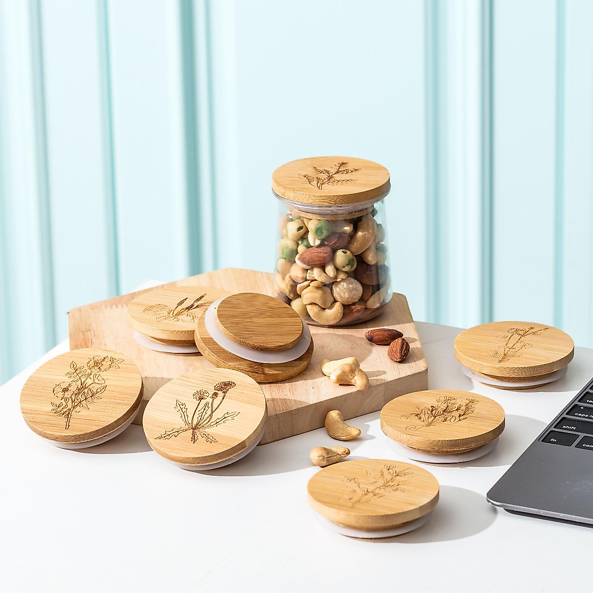 12 Pieces Yogurt Jar Lids Inspirational Yogurt Bamboo Jar Lids Set Flower and Herb Wooden Lids with Silicone Sealing Compatible with Oui Yogurt Jars, Brave Happy Kind Plant (Flower and Herb)