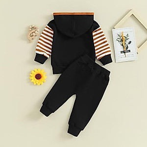Hoanselay Toddler Baby Boy Color Block Sweatsuit Clothes Long Sleeve Hoodie Sweatshirt Top and Pants Fall Winter Outfit Set (Black striped, 18-24 Months)