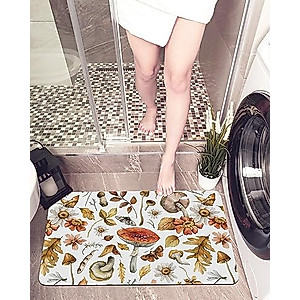 Gogobebe Super Absorbent Diatom Mud Mat Fall Thanksgiving Mushroom Retro Rustic Floral Botanical Leaves Quick-Drying Thin Bath Mat Non-Slip Bathtub Mat Anti-Skid Rubber Bathroom Shower Mat 16x24in