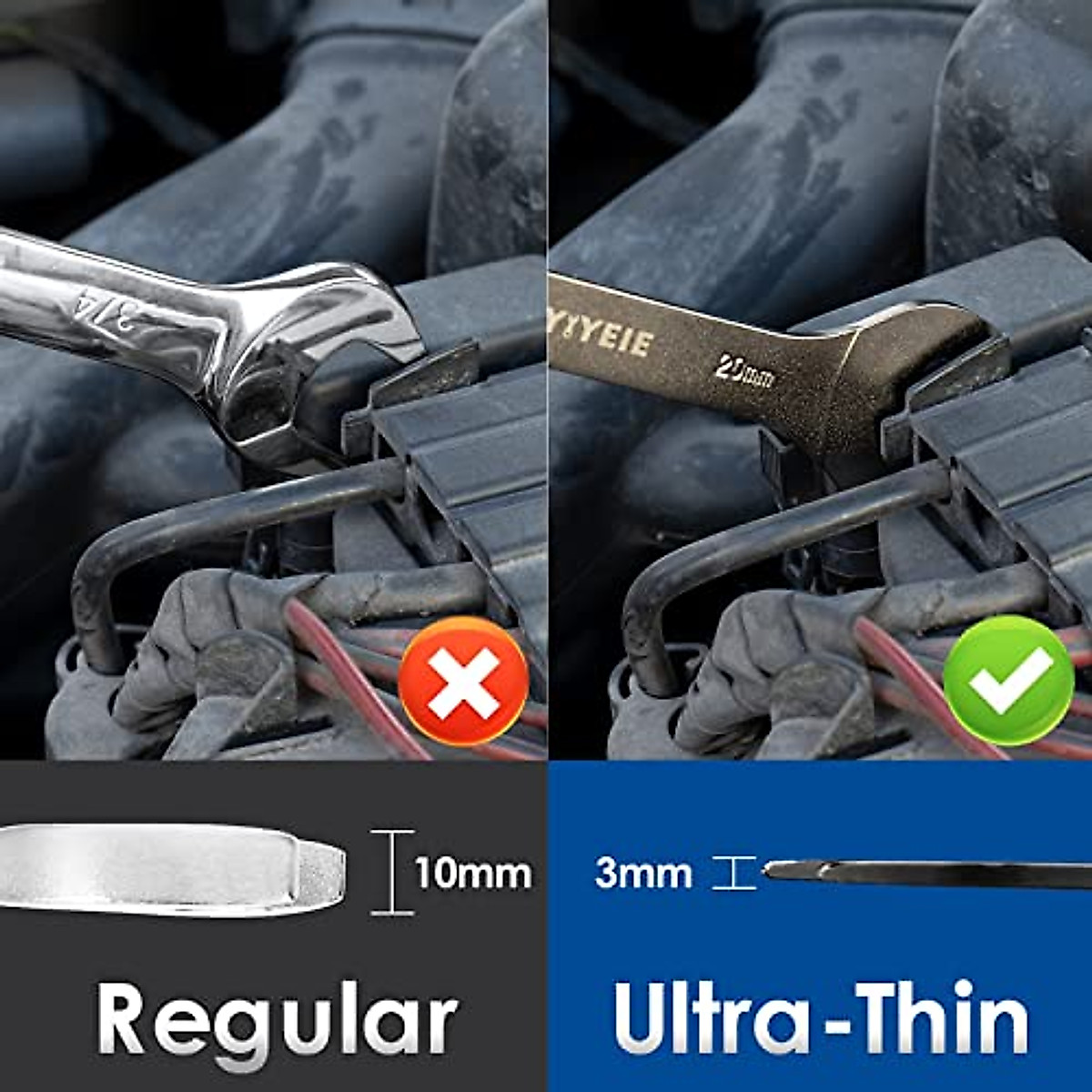 YIYEIE Super-Thin Open End Wrench Set, 10-Piece Metric, 5.5, 7, 8, 9, 10, 11, 12, 13, 14, 15, 16, 17, 18, 19, 20, 21, 22, 23, 24, 27 mm, Nickel Coating, CR-V Steel, Slim Wrench with Rolling Pouch