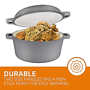 Bruntmor 2-in-1 Enamel Cast Iron Dutch Oven With Handles - Crock Pot Grey Cast Iron pot with Skillet lid - All-in-One Cookware Braising Pan for Casserole Dish - 5 Quart, Grey