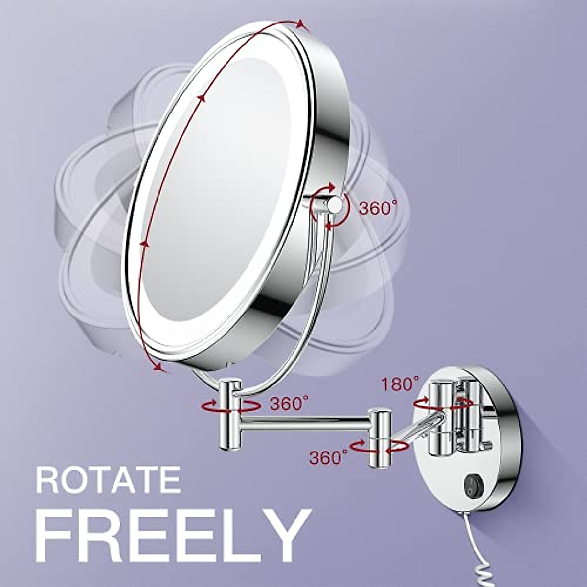 Benbilry LED Wall Mounted Makeup Mirror 9 Inch Super Large Size Double Sided with 1x/10x Magnification Extendable Lighted Magnifying Vanity Mirror with Lights 360° Swivel Round Bathroom Mirror