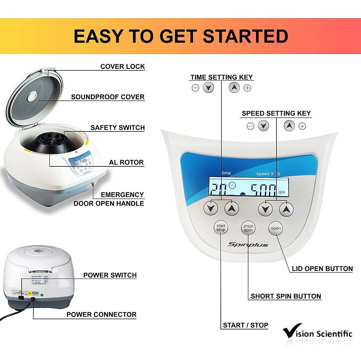 Vision Scientific VS-TC-SPINPLUS-8 Digital Bench-top Centrifuge | 400-5000rpm (Max. 3074xg) | LCD Display | Capacity: 8 x 15ml
