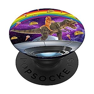 Rainbow Laser Eye Kitty Riding T-Rex Funny Space Cat PopSockets PopGrip: Swappable Grip for Phones & Tablets