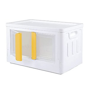 Lucky Monet Double Doors Clear Plastic Storage Bin with Lid Wheels 32 Liters Collapsible Storage Box Stackable Container Organizer Cat Dog House for Home Office Closet Car Trunk (Yellow)