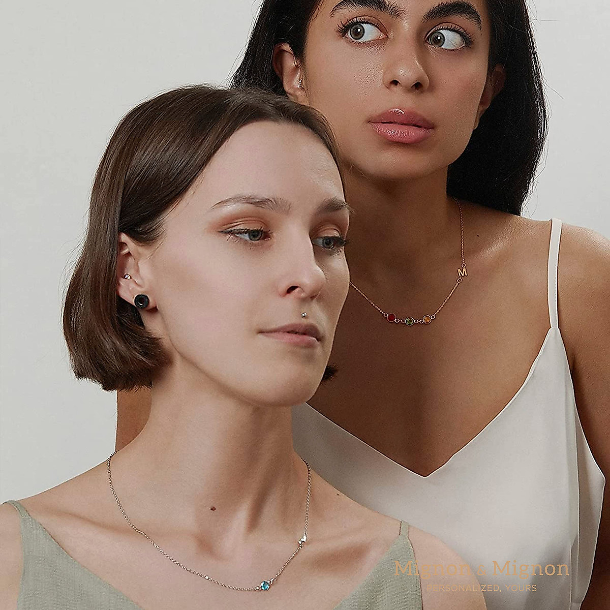 MignonandMignon Sideways Initial with Birthstone Necklace Mother's Day Gift Friendship Best Friend Custom Gemstones -SIN-2HBS-NECK