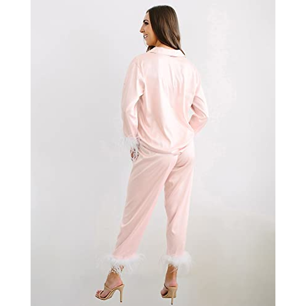 Belle's Design Women's Feather Trim Silk Satin Pajama Button Down Long Sleeve and Pants Set Sleepwear Loungewear S To XXL (Blush, Small)