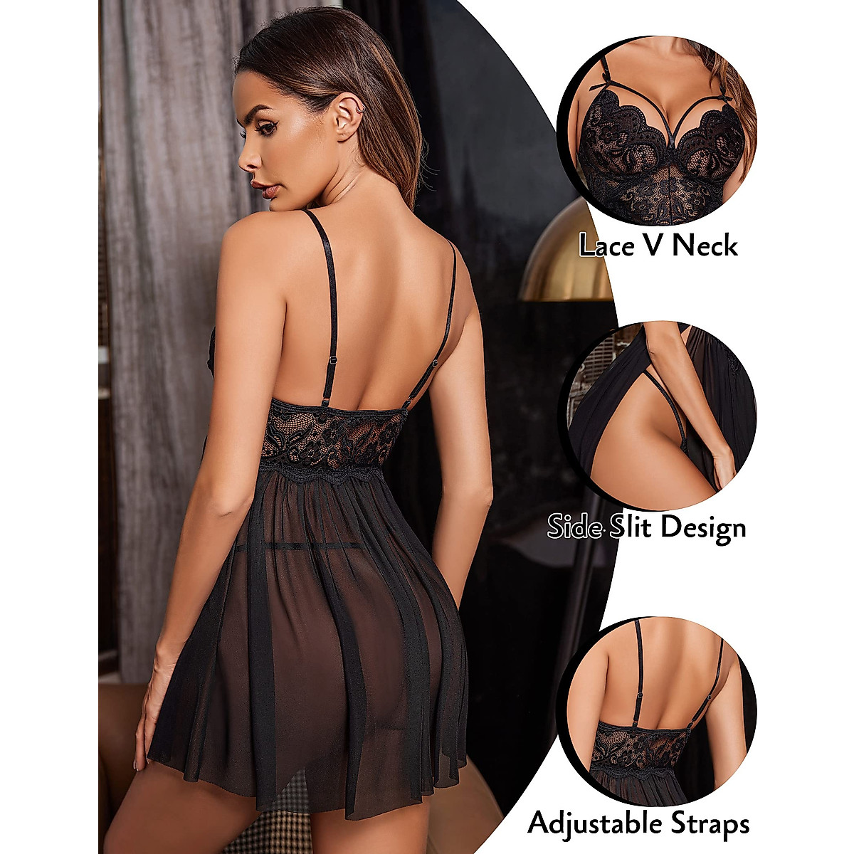 Avidlove Sexy Babydoll Lingerie Lace Chemise Strap Sleepwear V Neck Nightgown Mesh Sleepwear SideSlit Nightwear Black