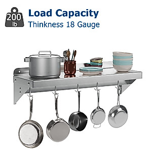 RIEDHOFF Metal Multifunctional Storage Rack with Backplash for Kitchen, [NSF Certified] 12" x 24" Stainless Steel Wall Mount Shelf with 5 Hooks for Hanging Pots, Pans,cookware in Home and Restaurant