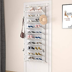 FKUO 10-Tier Over The Door Shoe Organizer Hanging Shoe Storage with 2 Customized Strong Metal Hooks for Closet Pantry Kitchen Accessory - Space Saving Solution (10 Layer, White&Hooks)
