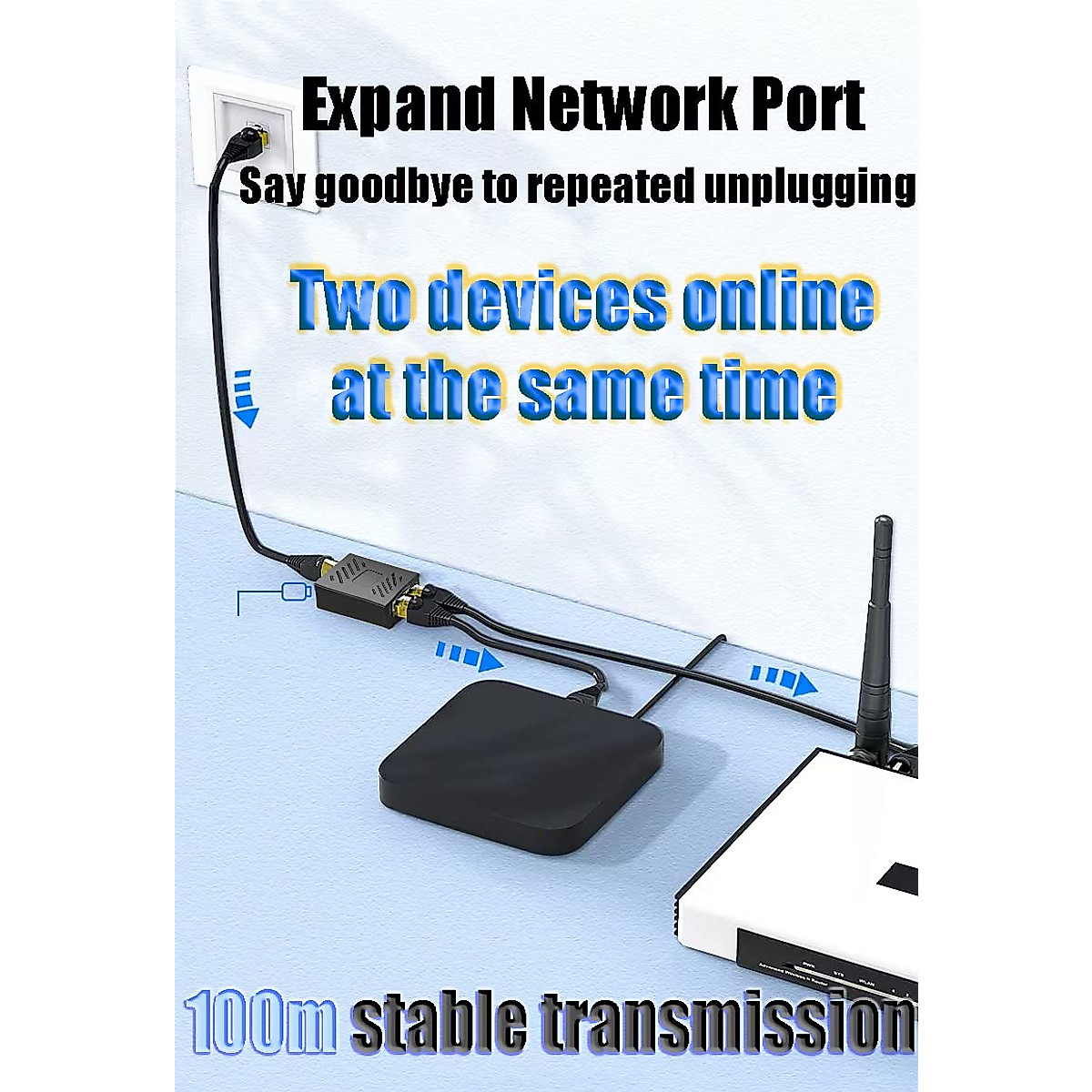 MVBOONE Ethernet Splitter 1 to 2 [Simultaneous Networking], RJ45 Network Switch Extender Converter with USB Power Cable, Suitable for Computer/Router/TV Box, CAT 5/6/6E/7/8