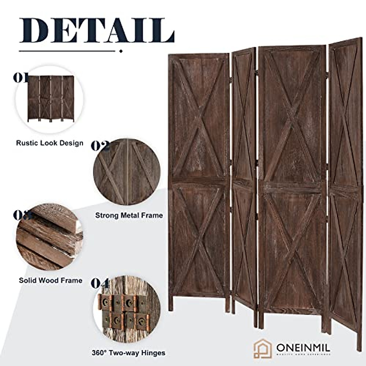 oneinmil Room Divider, 5.8 Ft Tall Folding Privacy Screens Room Divider, 4 Panel Wood Freestanding Partition Wall Dividers, Rustic Barnwood, Brown