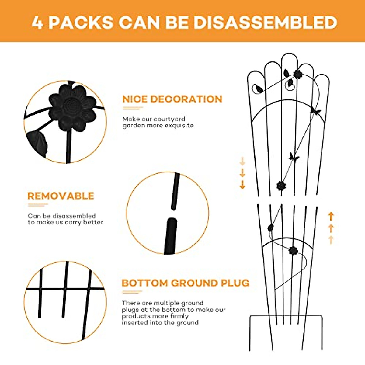 XYADX Metal Detachable Trapezoidal Garden Trellis for Climbing Plants Outdoor 60 Inches Sturdy Patio Plant Support for Indoor Plants Trellis for Rose, Vegetable Flower, Backyard Pack of 4 - Black