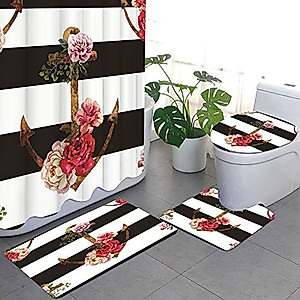 LyerArtork 4Pcs Nautical Shower Curtain Sets with Non-Slip Rug Toilet Lid Cover and Bath Mat Rose Striped Bathroom Curtains with 12 Hooks Washable Fabric Cloth Bathroom Decor